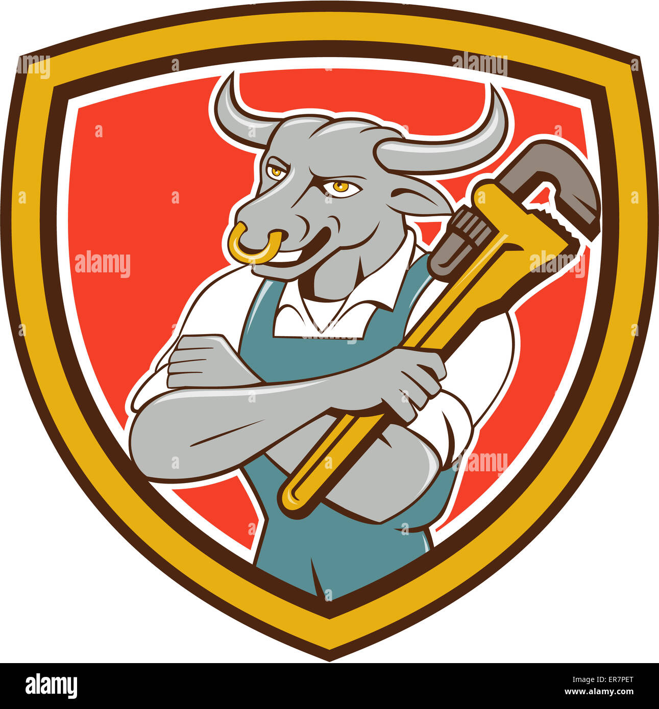 Illustration of a bull plumber standing with arms folded looking to the ...