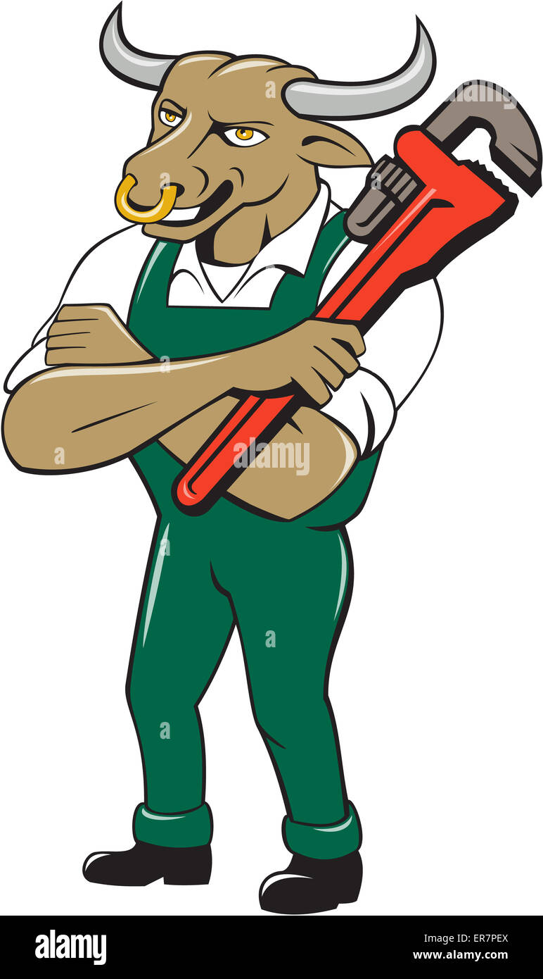 Illustration of a bull plumber standing with arms folded looking to the ...