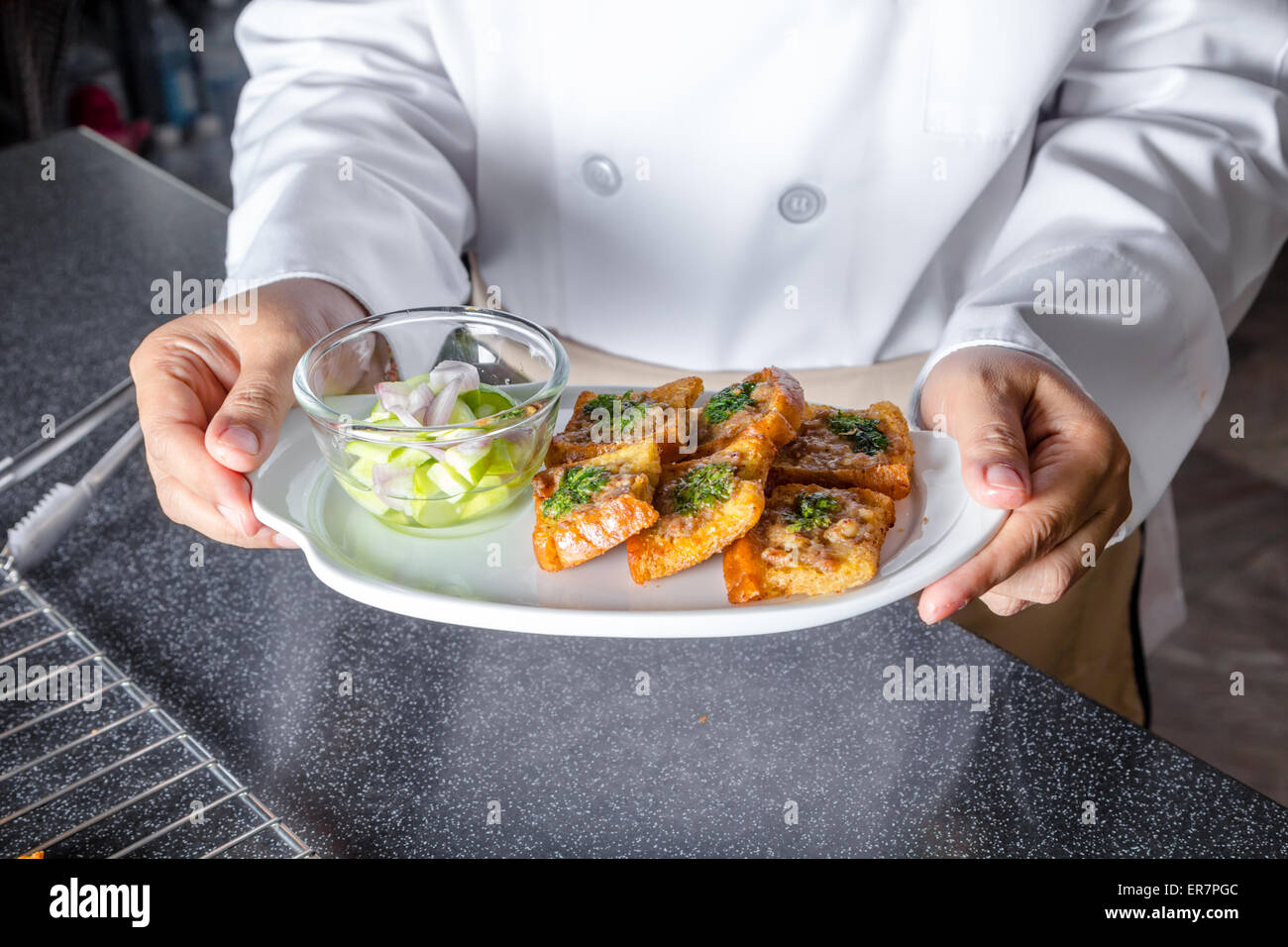 chef serve bread with minced pork spread Stock Photo - Alamy