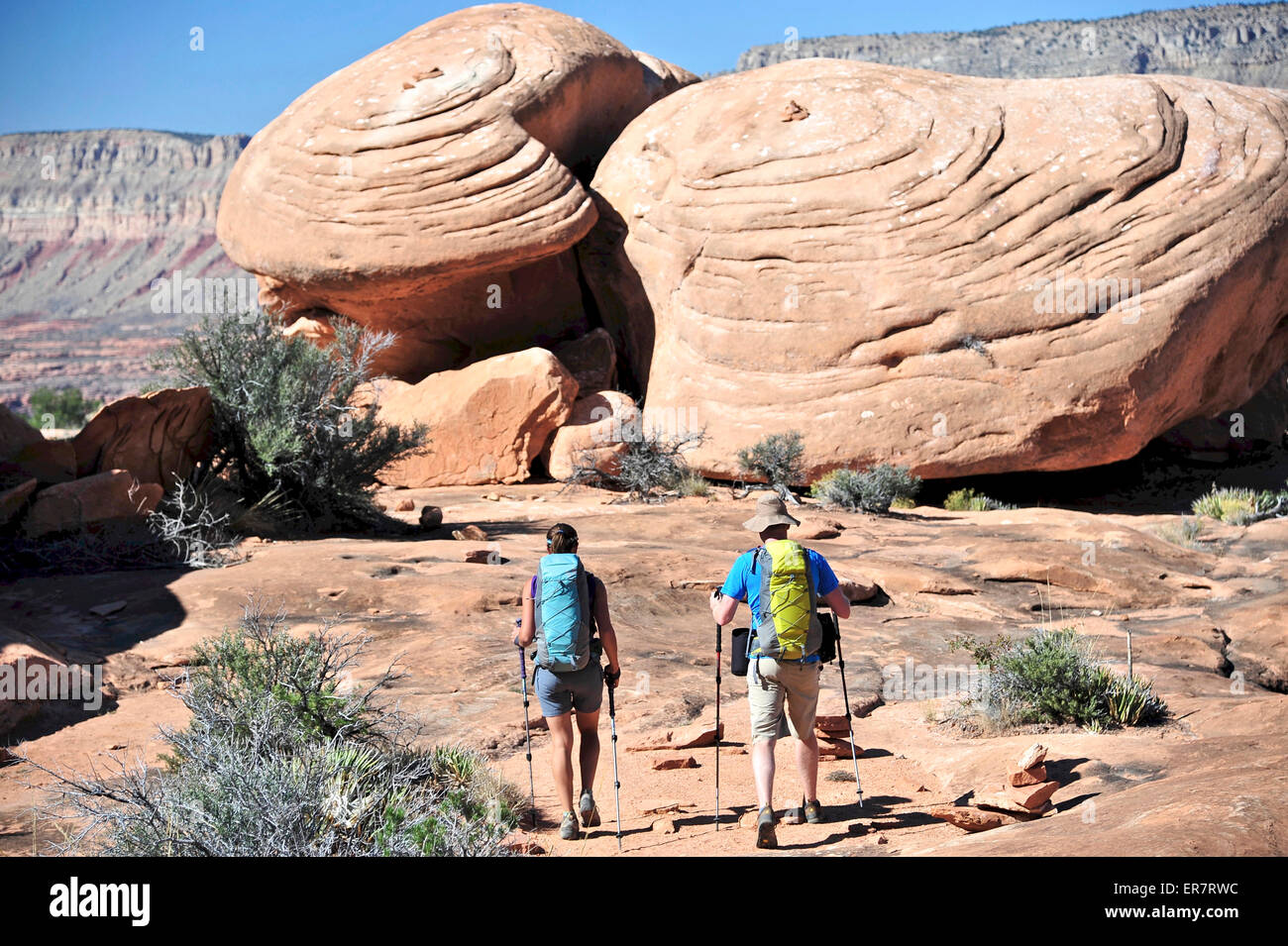 Hikers on the sandstone Esplanade of the Thunder River Trail below the ...