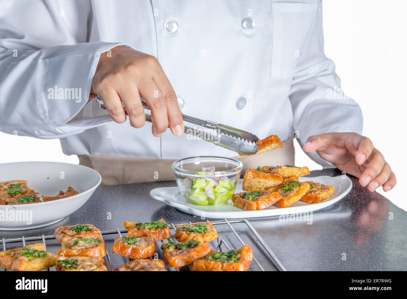 chef making bread with minced pork spread Stock Photo - Alamy