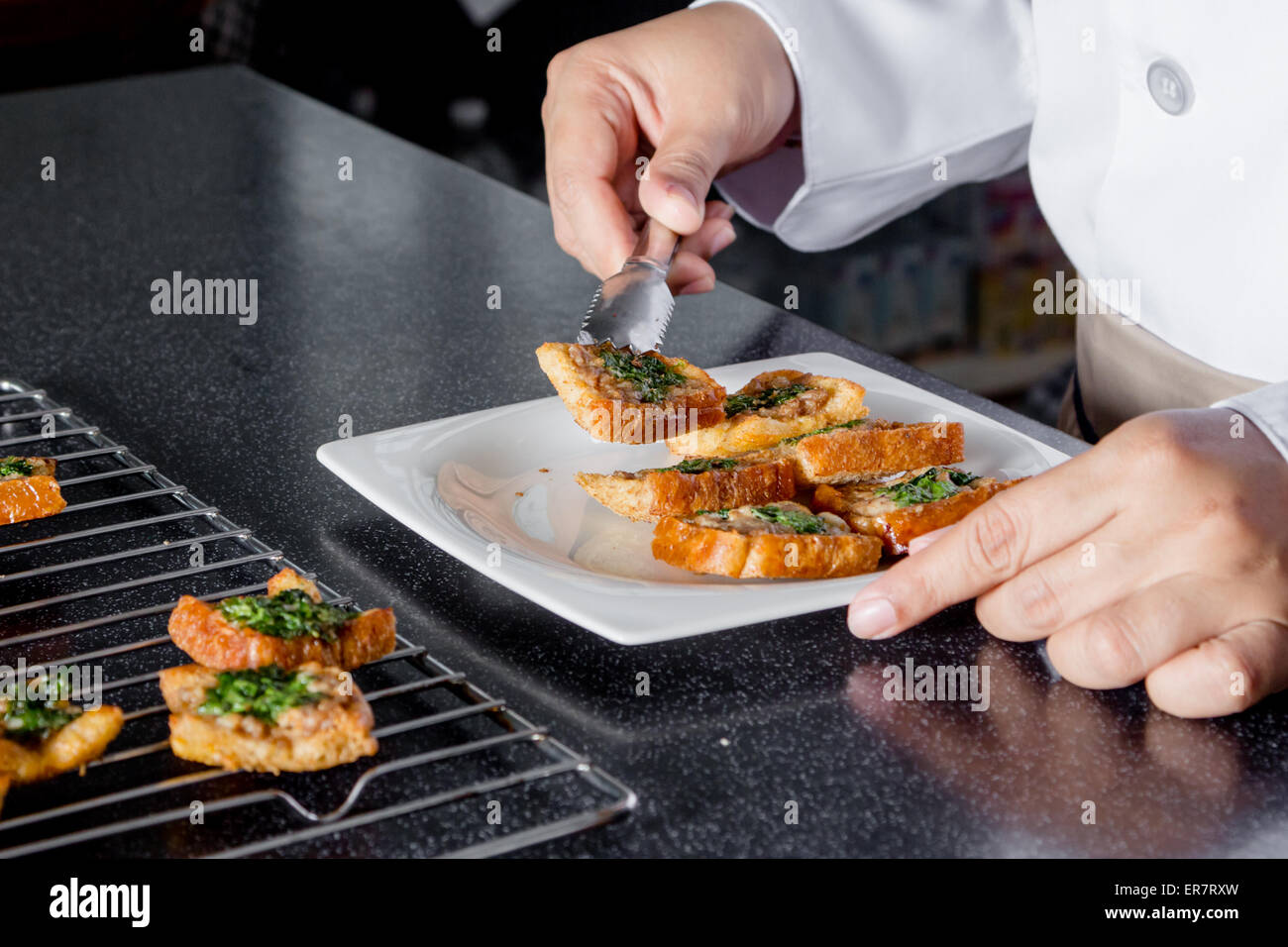 chef making bread with minced pork spread Stock Photo - Alamy