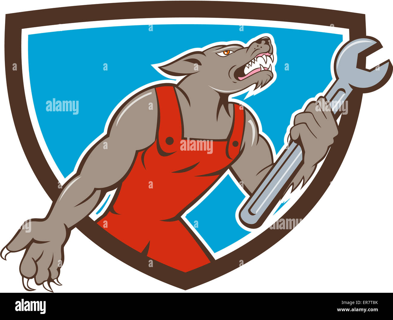 Illustration of a wolf mechanic holding spanner looking up viewed from ...