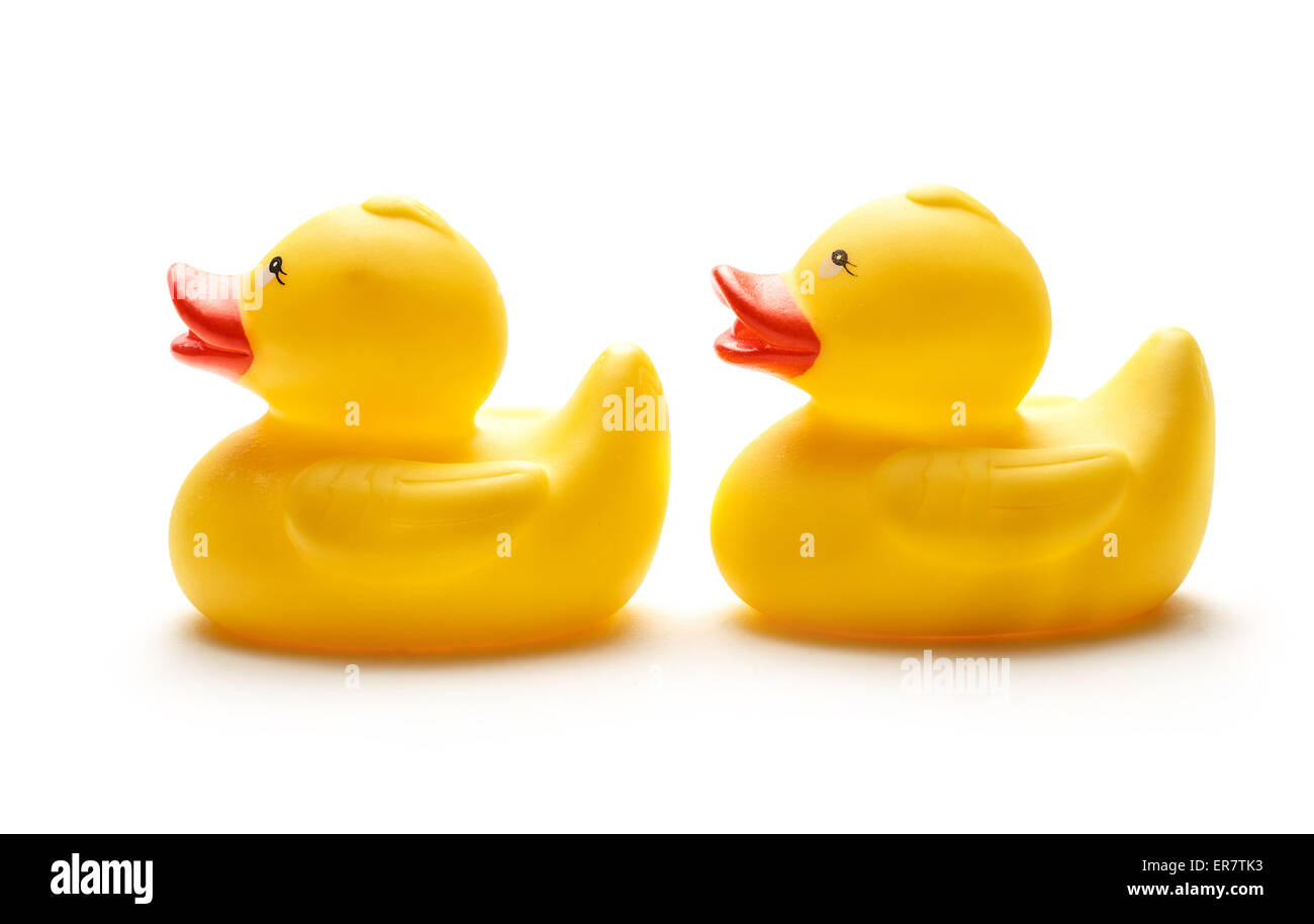Two yellow duck toys on white background Stock Photo - Alamy