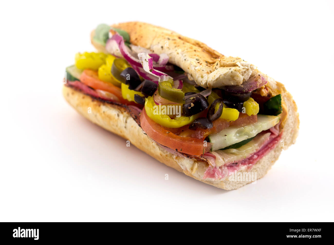Italian meat, ham and salami, sub sandwich with the works Stock Photo ...