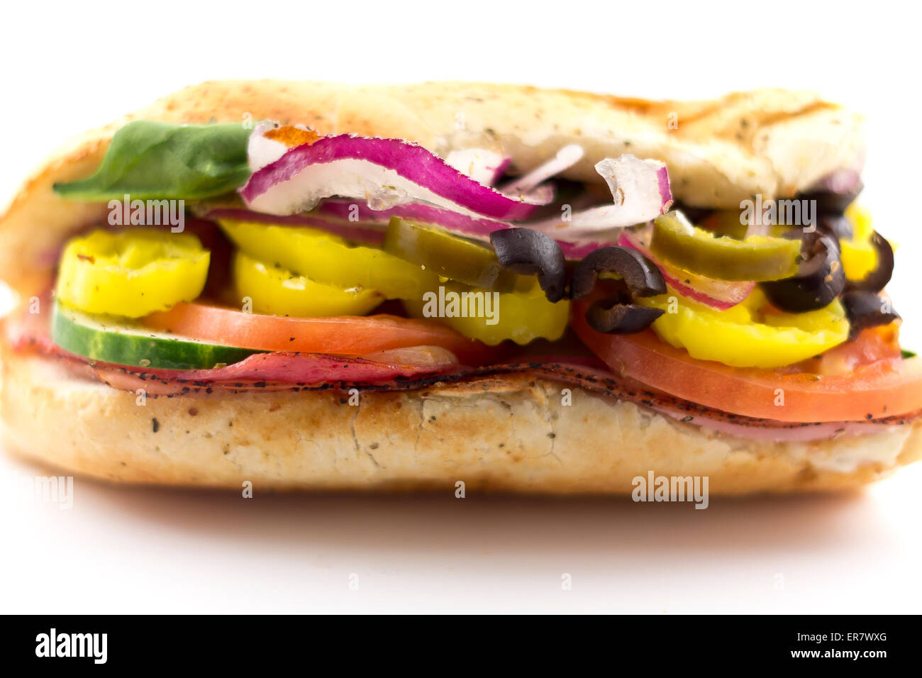 Italian meat, ham and salami, sub sandwich with the works Stock Photo ...