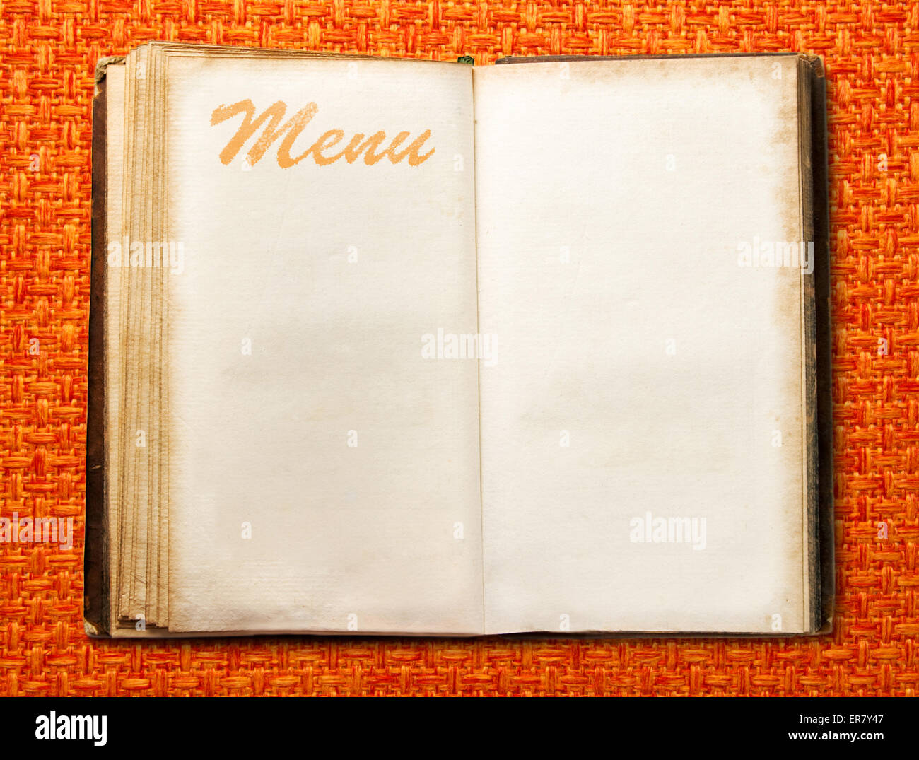 Open blank vintage menu book on background Stock Photo - Alamy