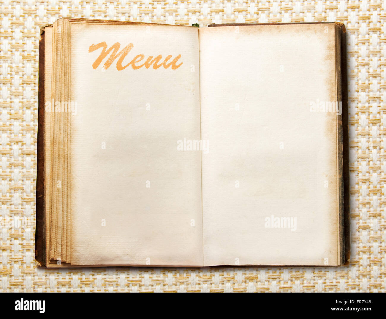 Open blank vintage menu book on background Stock Photo - Alamy