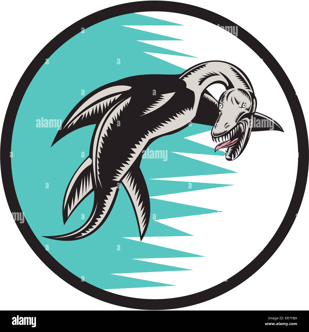Illustration of a sea serpent swimming set inside circle done in retro ...