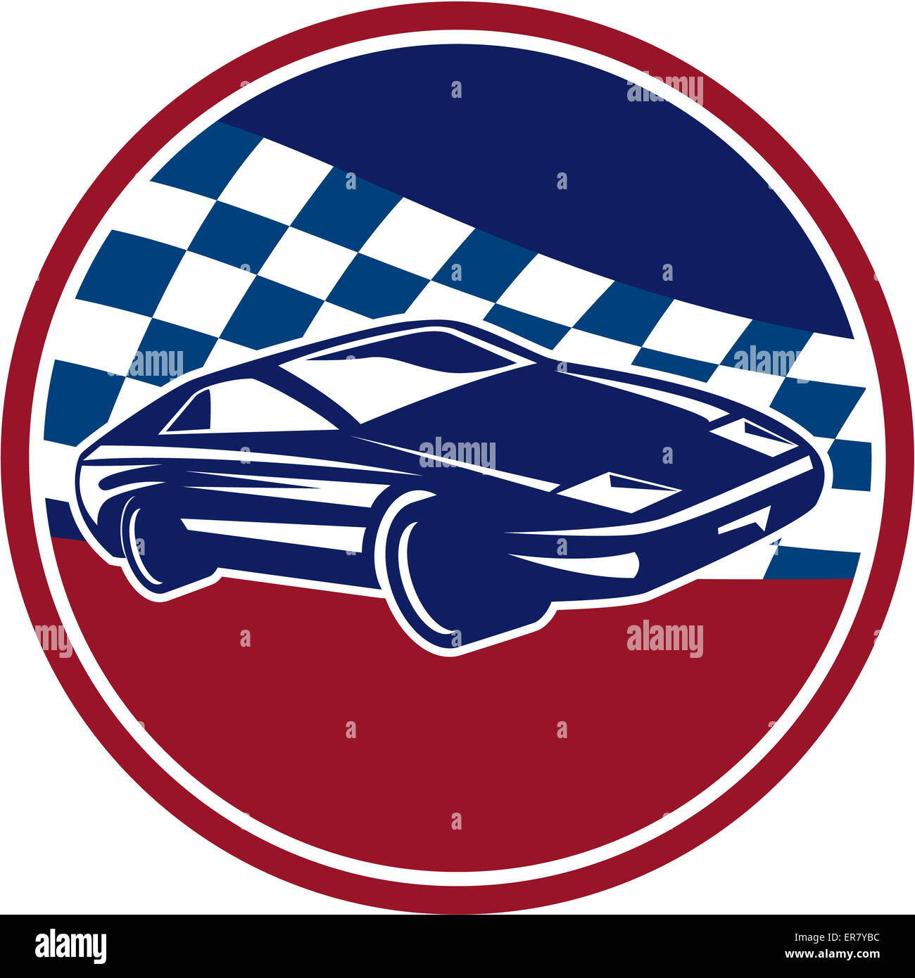 Illustration of a sports car racing set inside circle with chequered ...