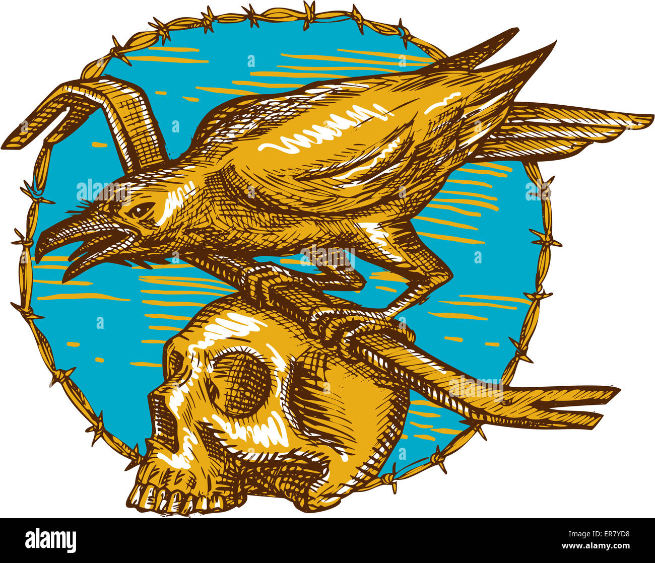 Drawing style illustration of a crow bird perched on a crowbar on top ...