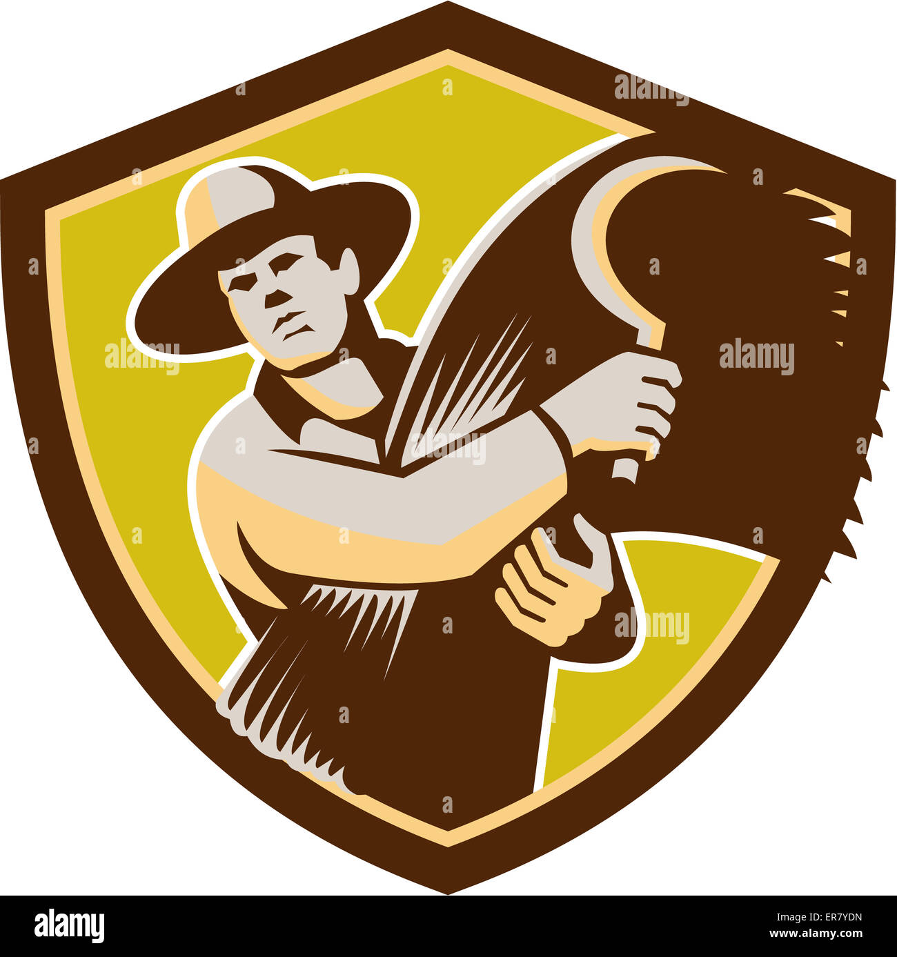 Illustration of a farmer farm worker holding scythe and wheat harvest ...