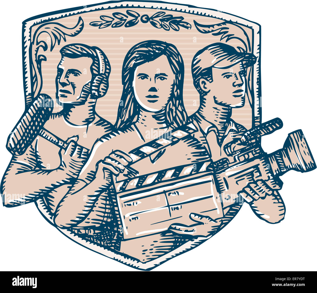 Etching engraving handmade style illustration of a film crew cameraman ...