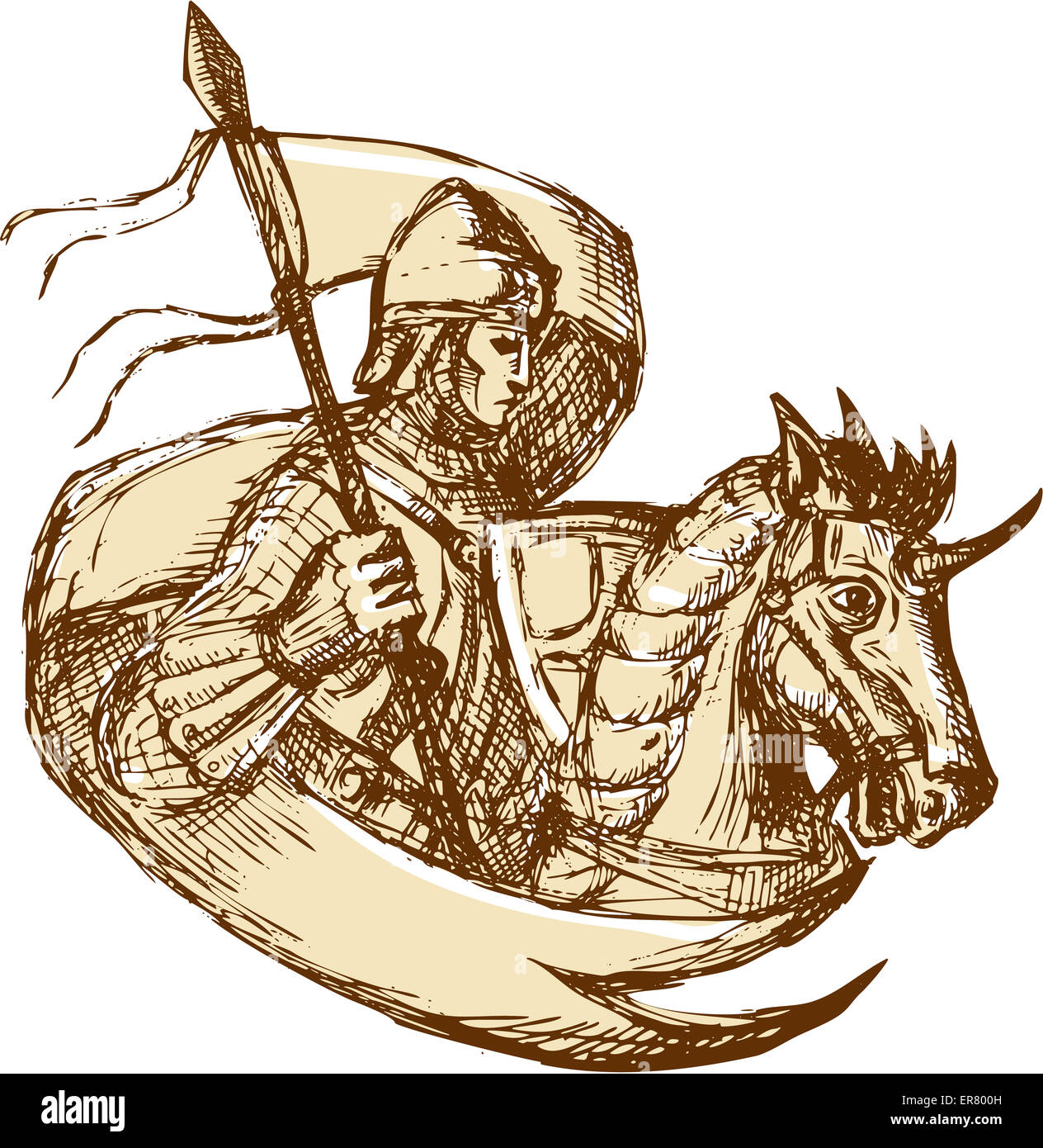 Drawing illustration of knight in full armor riding horse steed holding ...