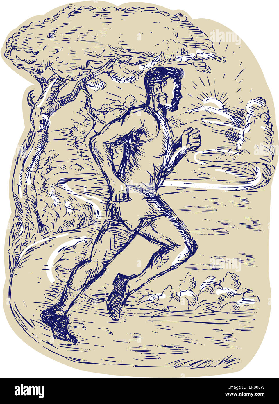 Drawing illustration of a marathon runner running viewed from the side ...