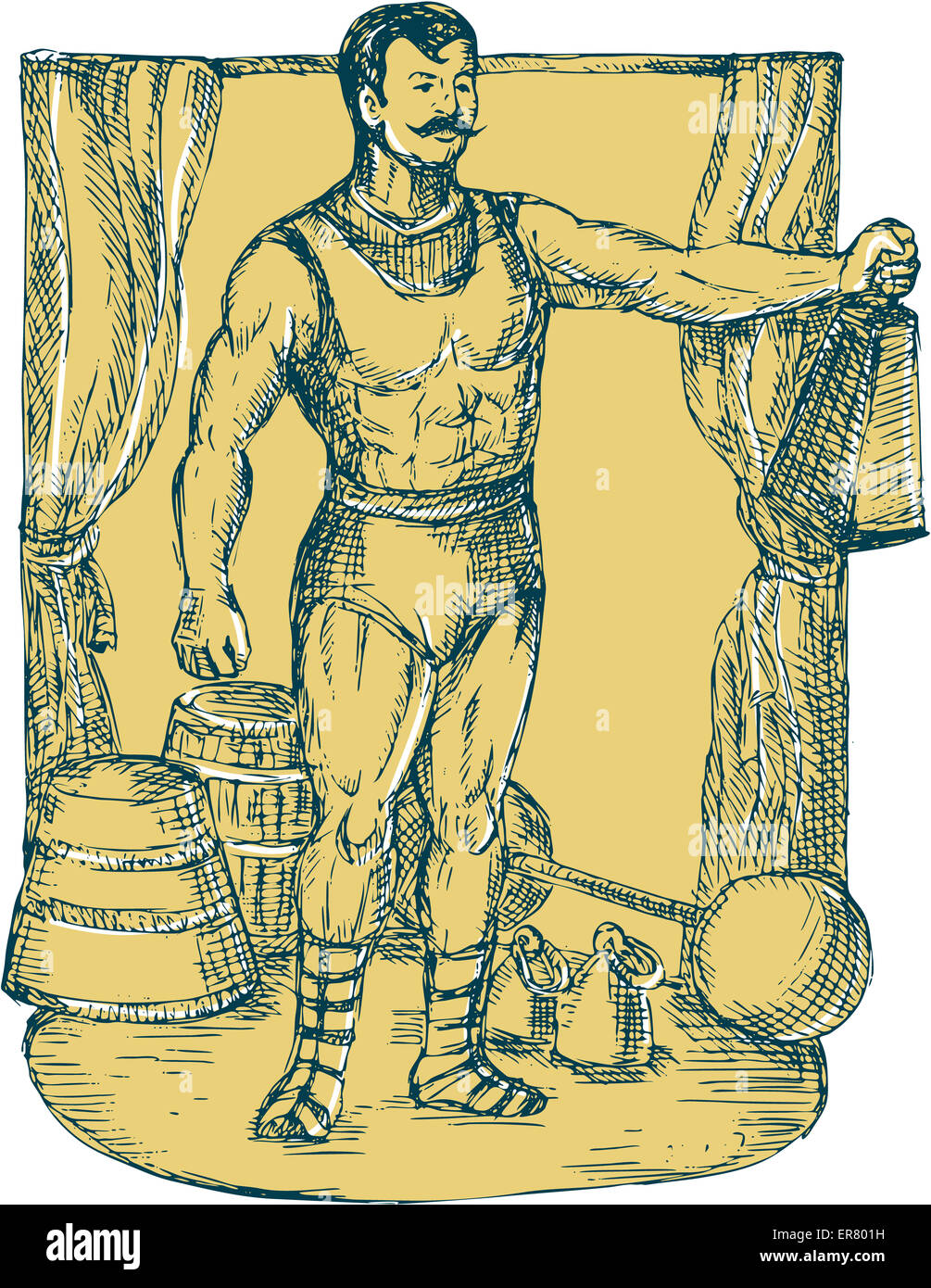 Drawing illustration of a strongman circus performer lifting weight on ...