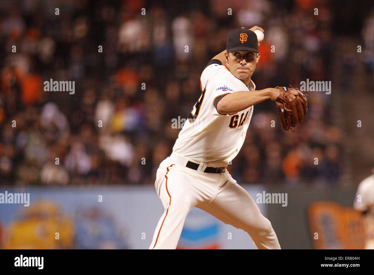 San Francisco, CA. 28th May, 2015. San Francisco Giants relief pitcher Javier Lopez (49) pitches ...