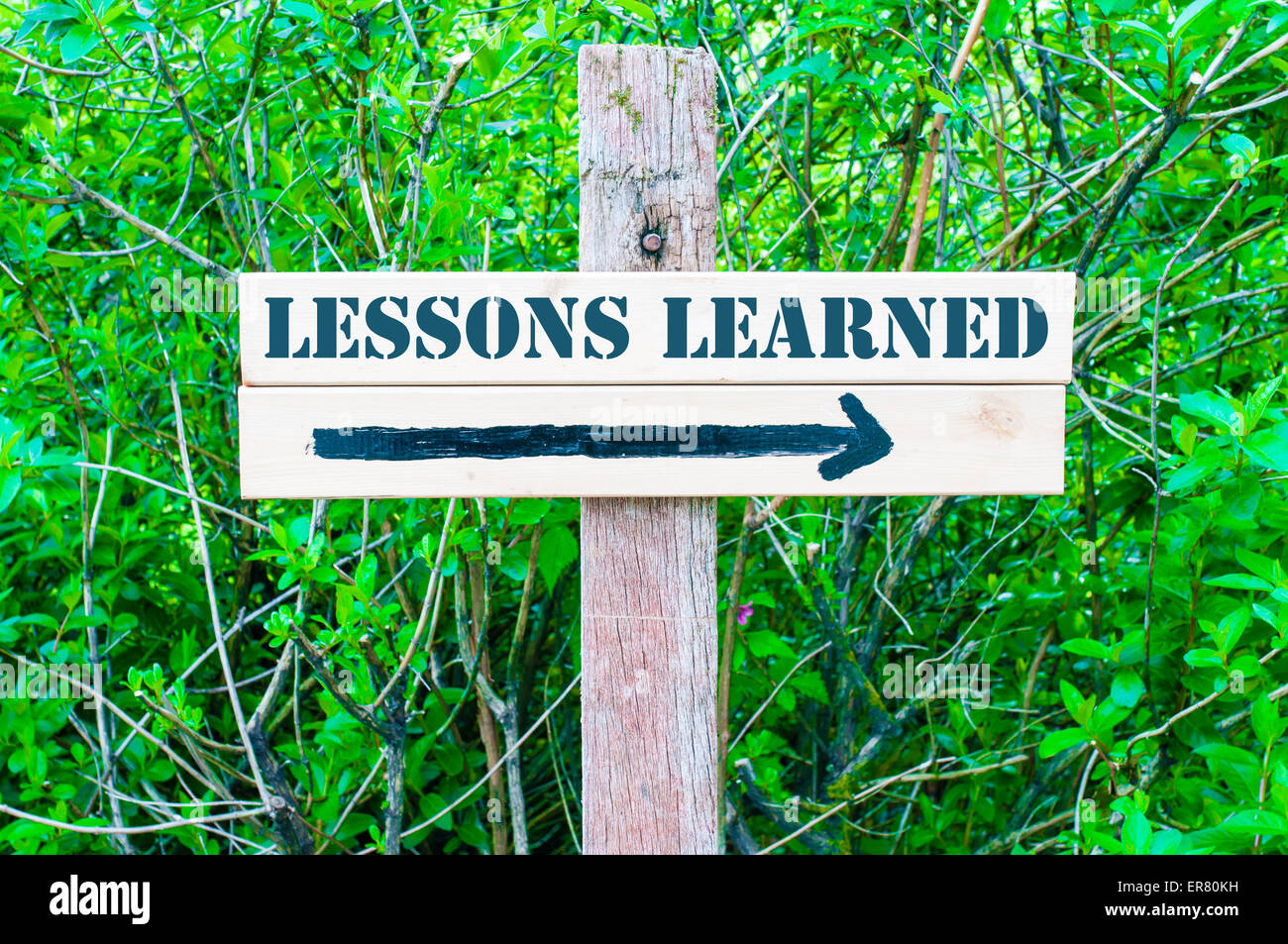 LESSONS LEARNED written on Directional wooden sign with arrow pointing ...