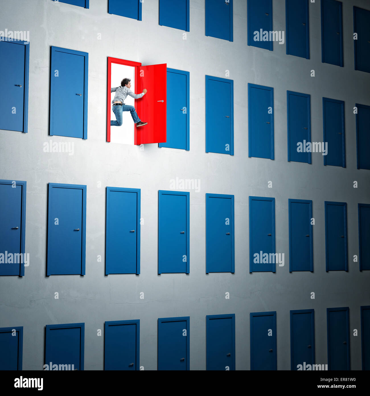 man jump from red 3d door Stock Photo - Alamy