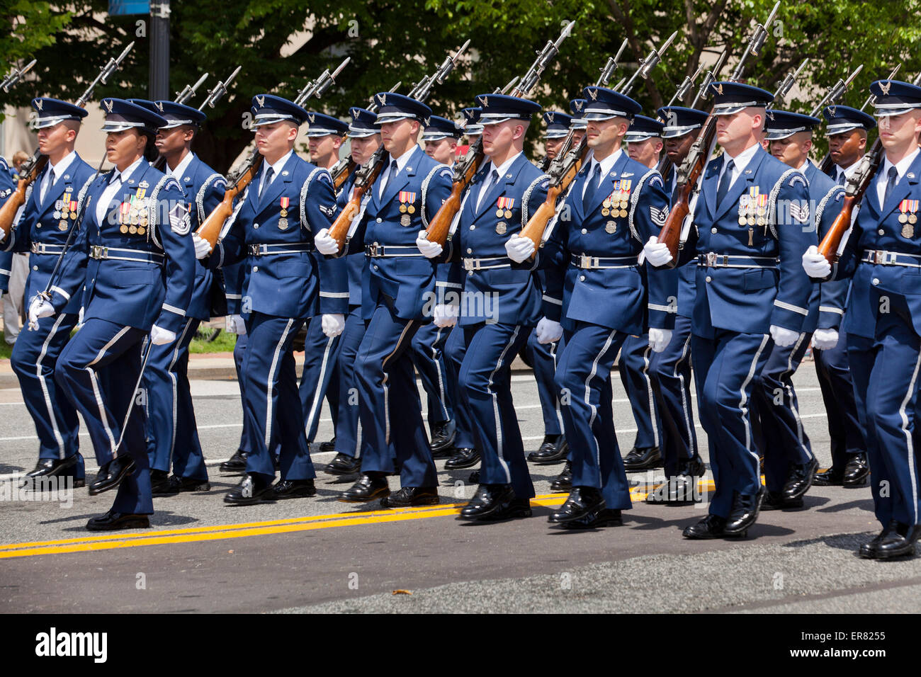 US Air Force ceremonial guard drill team marching in Memorial Day parade - Washington, DC USA ...