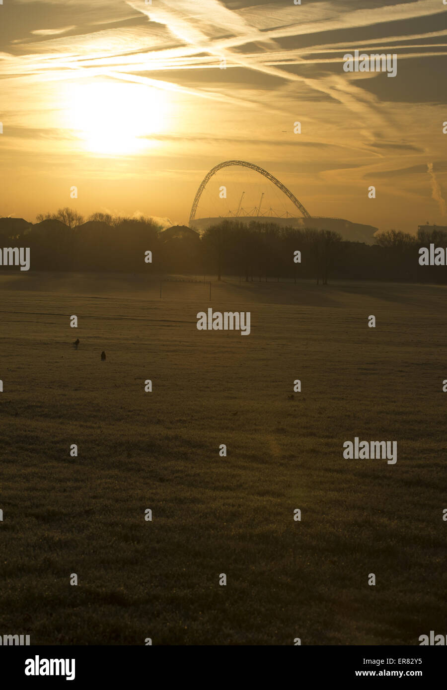 The sun rises over Wembley Stadium as weather temperatures drop across ...