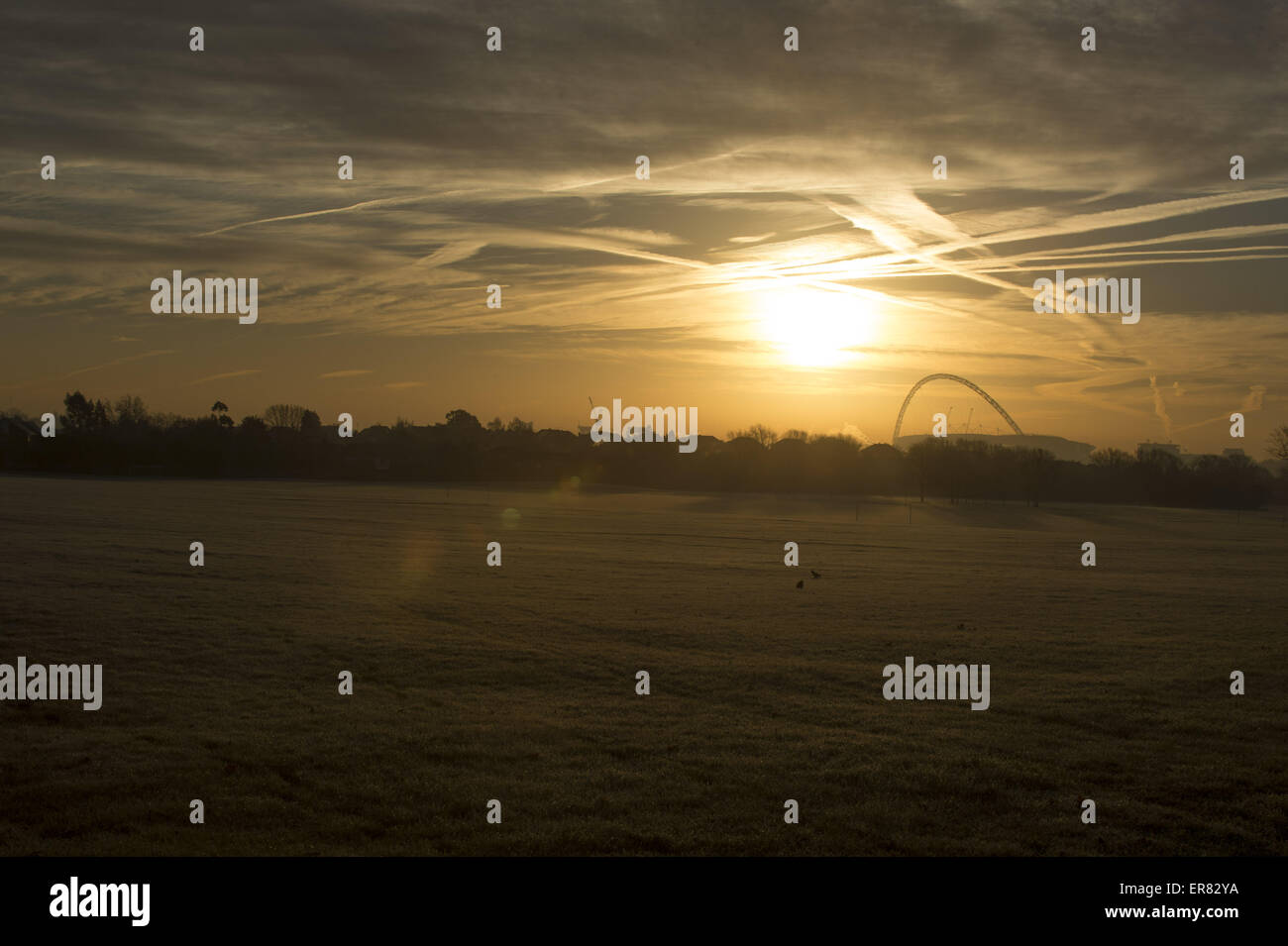 The sun rises over Wembley Stadium as weather temperatures drop across ...