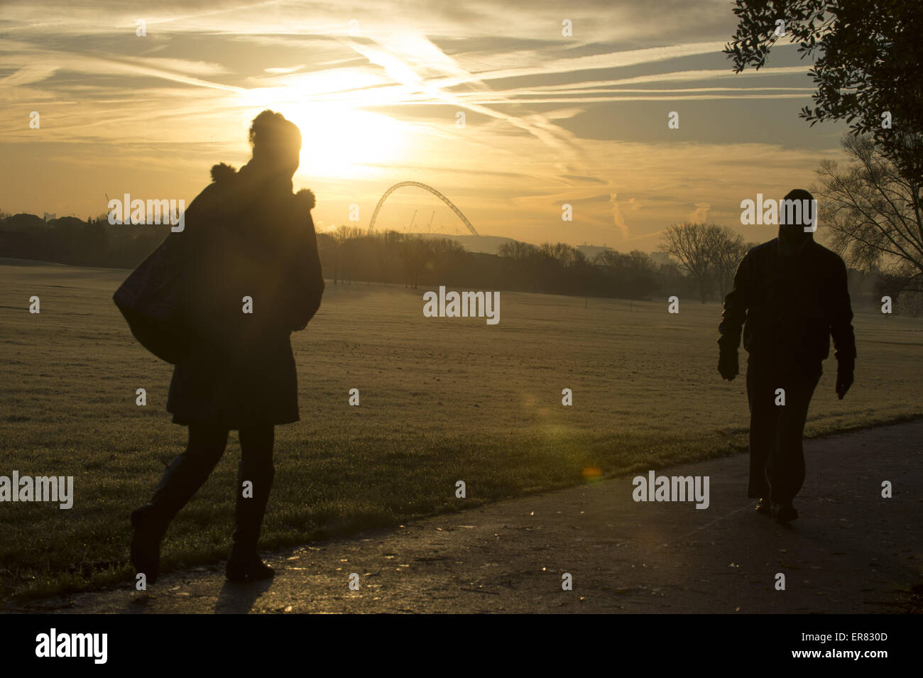 The sun rises over Wembley Stadium as weather temperatures drop across ...