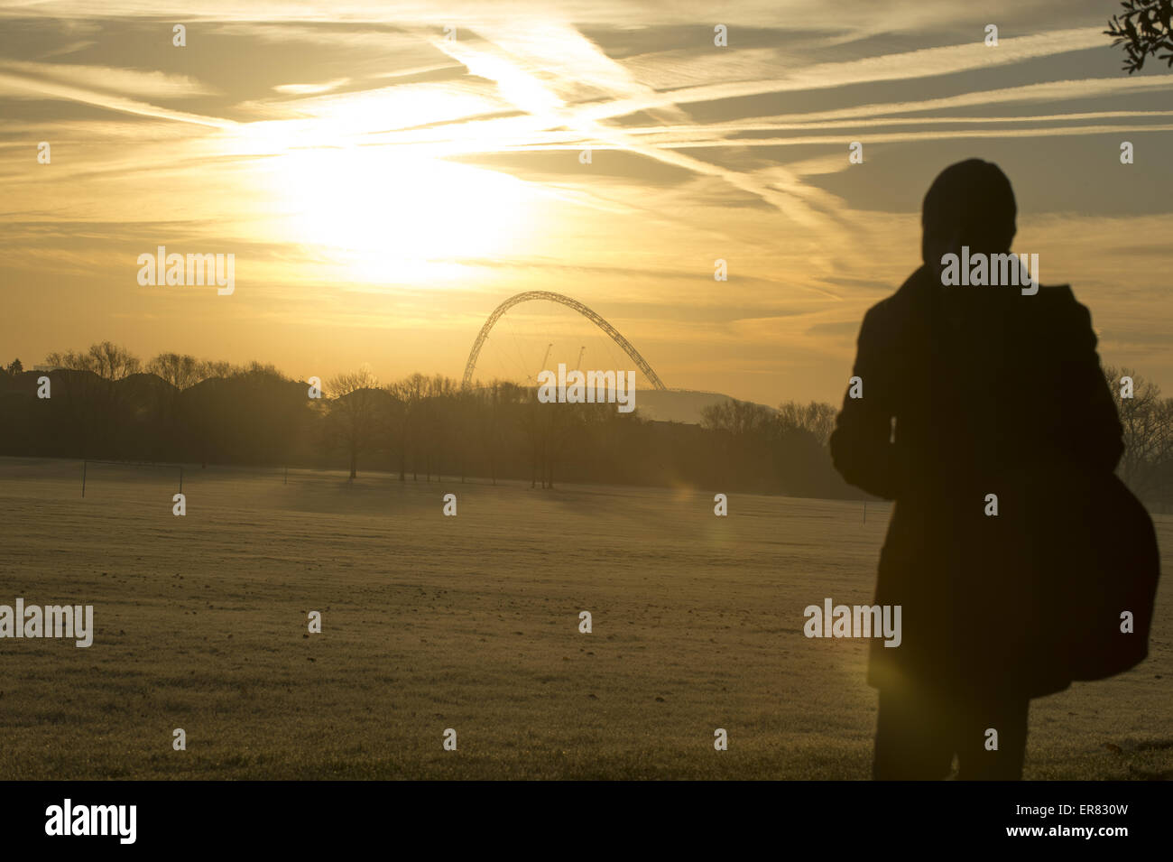 The sun rises over Wembley Stadium as weather temperatures drop across ...