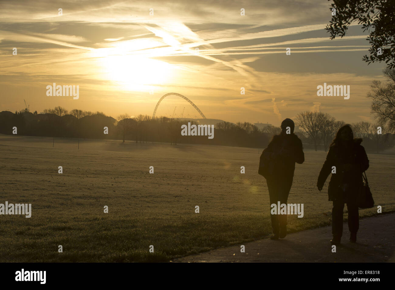 The sun rises over Wembley Stadium as weather temperatures drop across ...