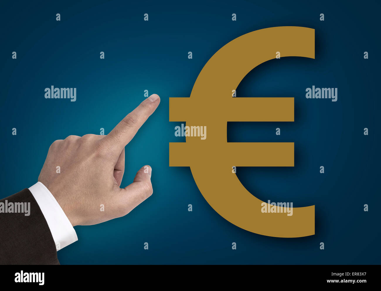 Hand pointing at Euro sign concept Stock Photo - Alamy