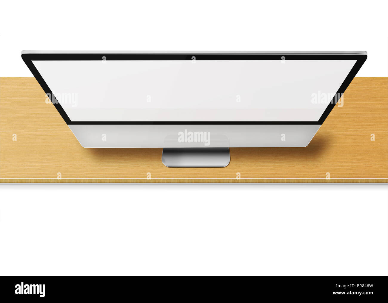 Modern computer monitor with blank screen on wooden desk isolated on ...