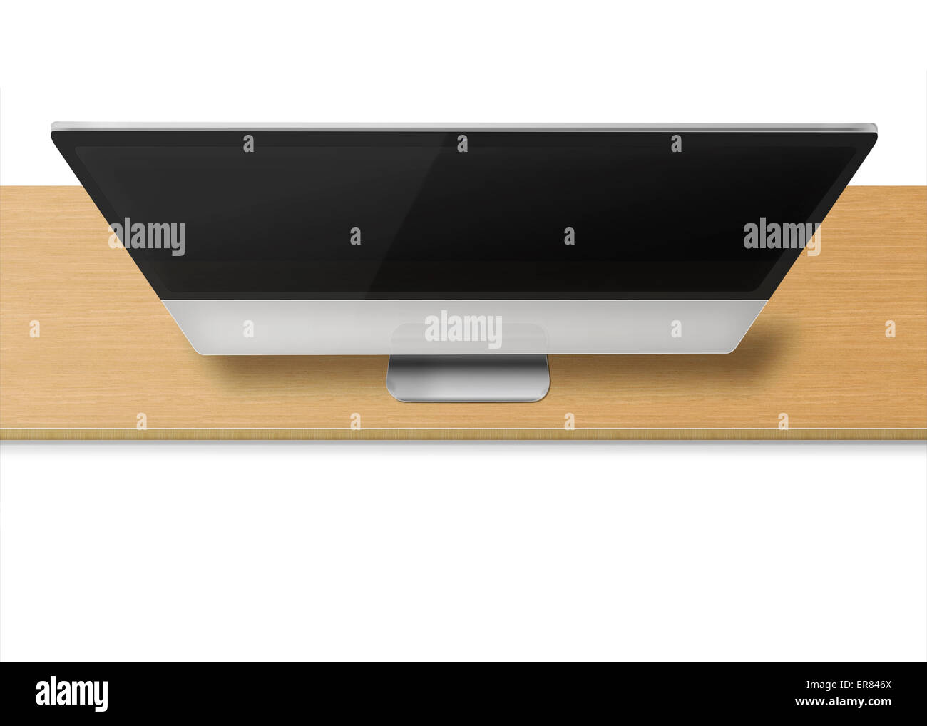 Modern computer monitor with black screen on wooden desk isolated on ...