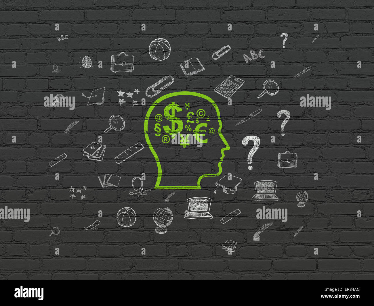 Learning concept: Head With Finance Symbol on wall background Stock ...