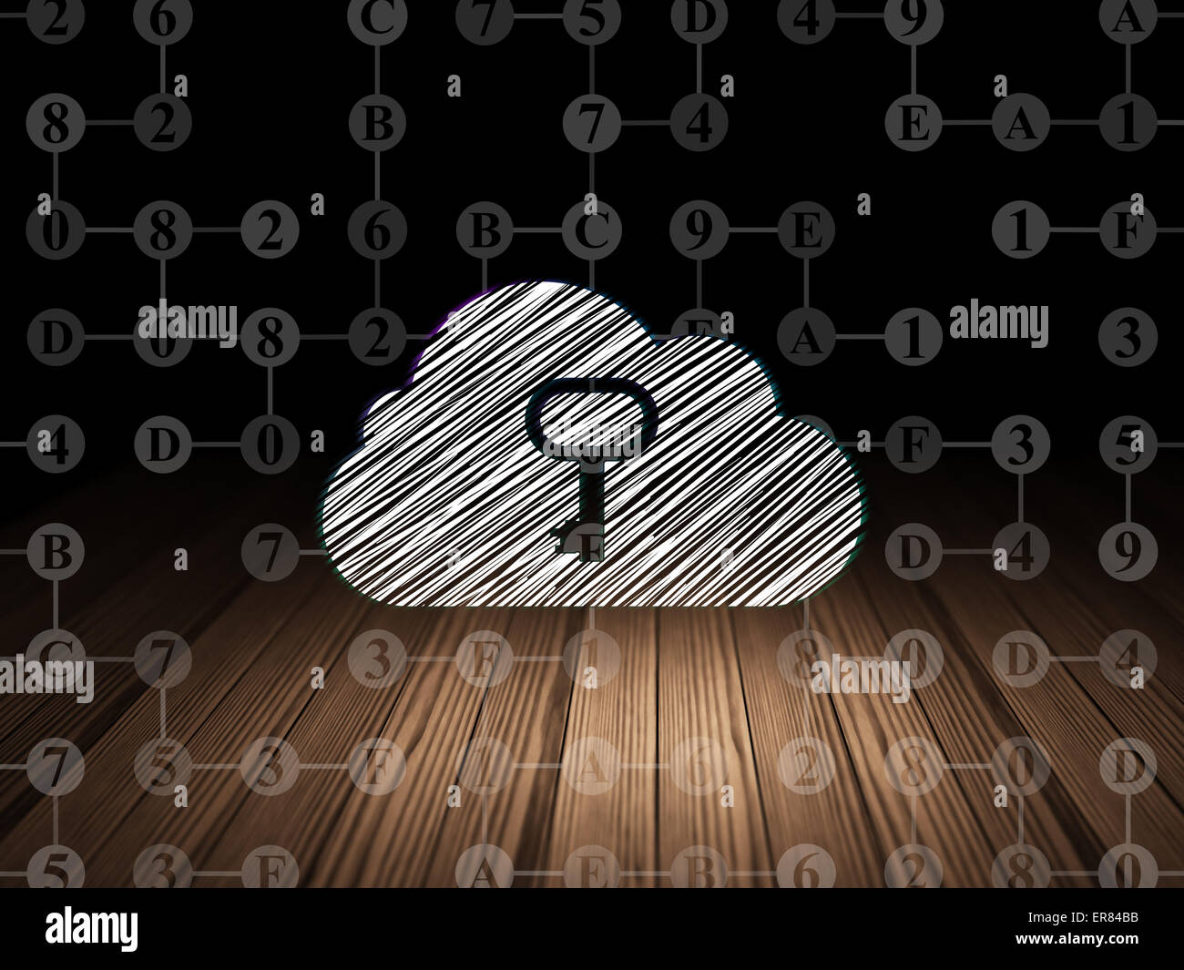 Cloud networking concept: Cloud With Key in grunge dark room Stock ...