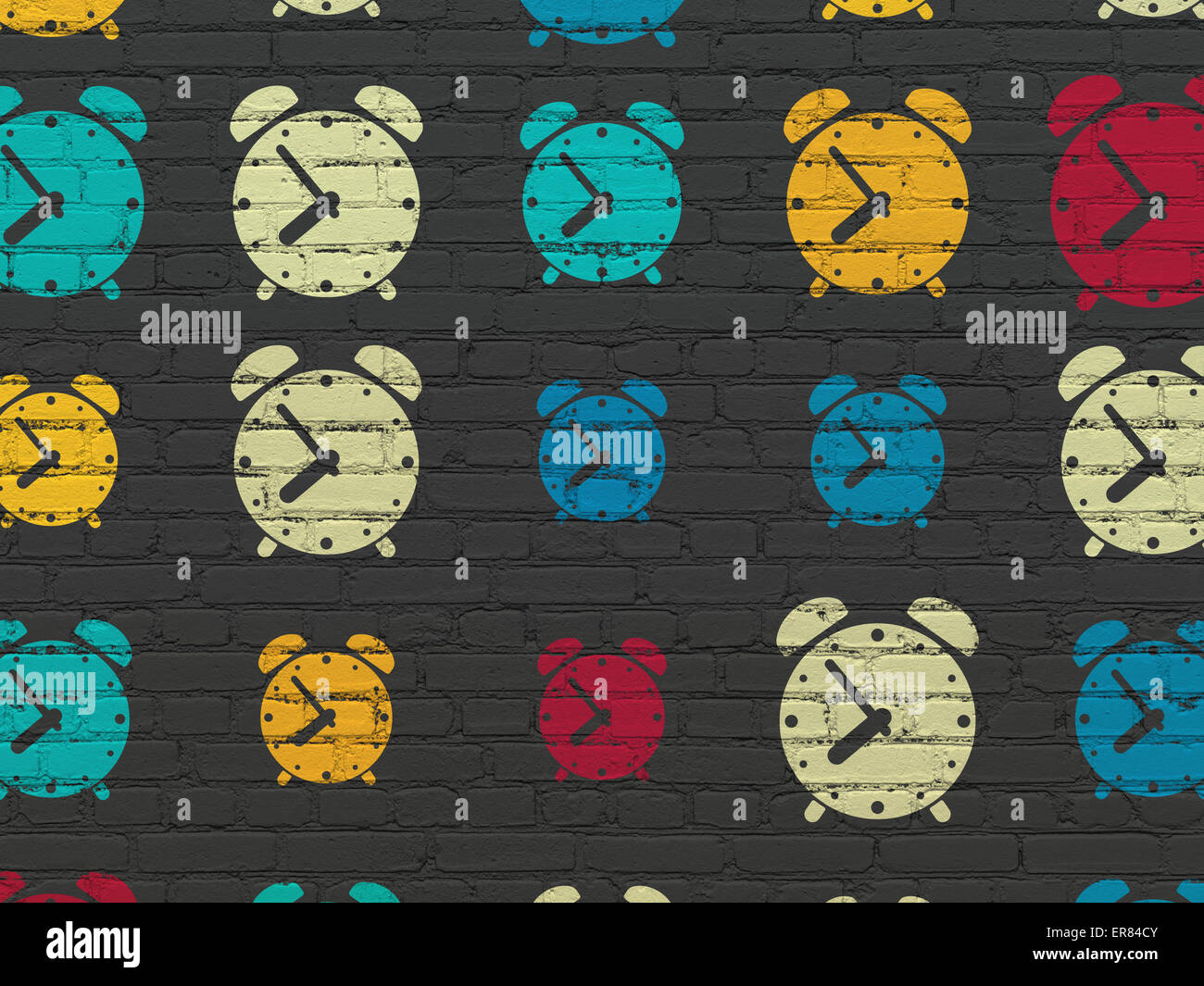 Timeline concept: Alarm Clock icons on wall background Stock Photo - Alamy