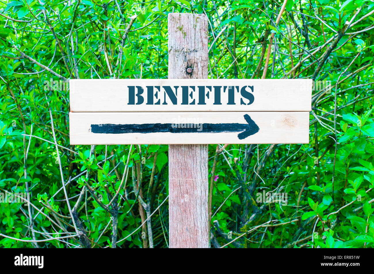 BENEFITS written on Directional wooden sign with arrow pointing to the ...