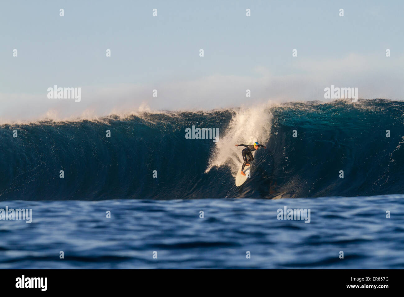 Tom Lowe, a professional big wave surfer at El Quemao wave in Lanzarote ...