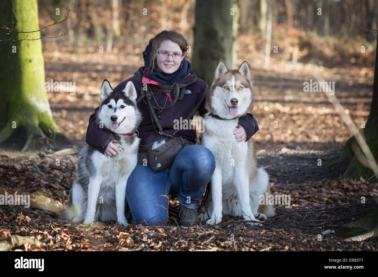 woman and 2 Siberian Husky Stock Photo - Alamy