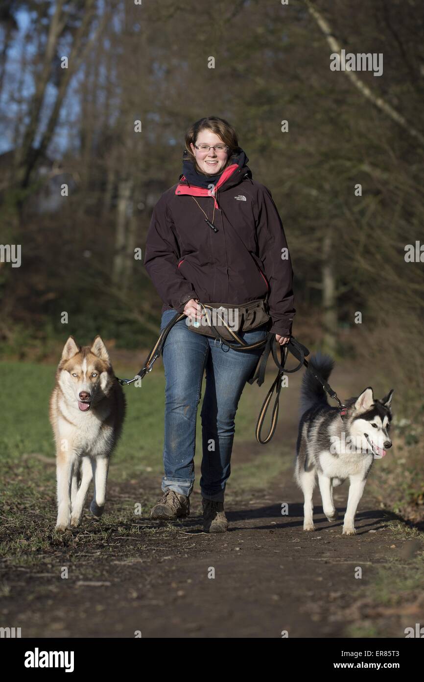 woman and 2 Siberian Husky Stock Photo - Alamy