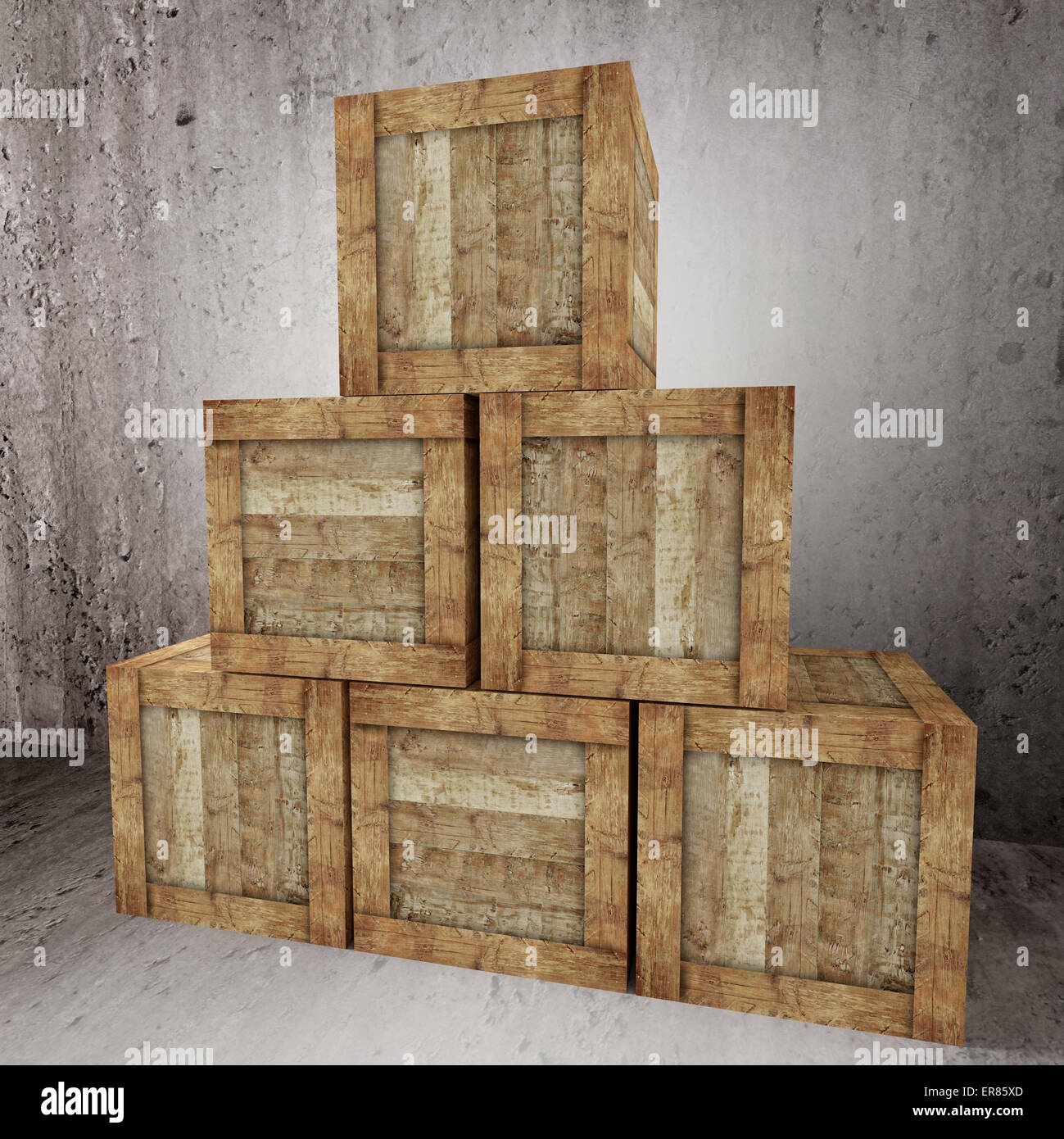 old wooden boxes in a dirty warehouse in 3d Stock Photo - Alamy