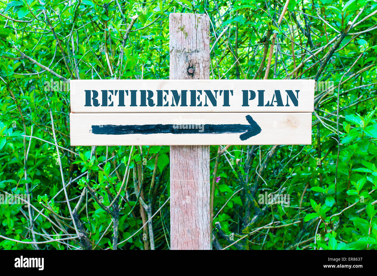 RETIREMENT PLAN written on Directional wooden sign with arrow pointing ...