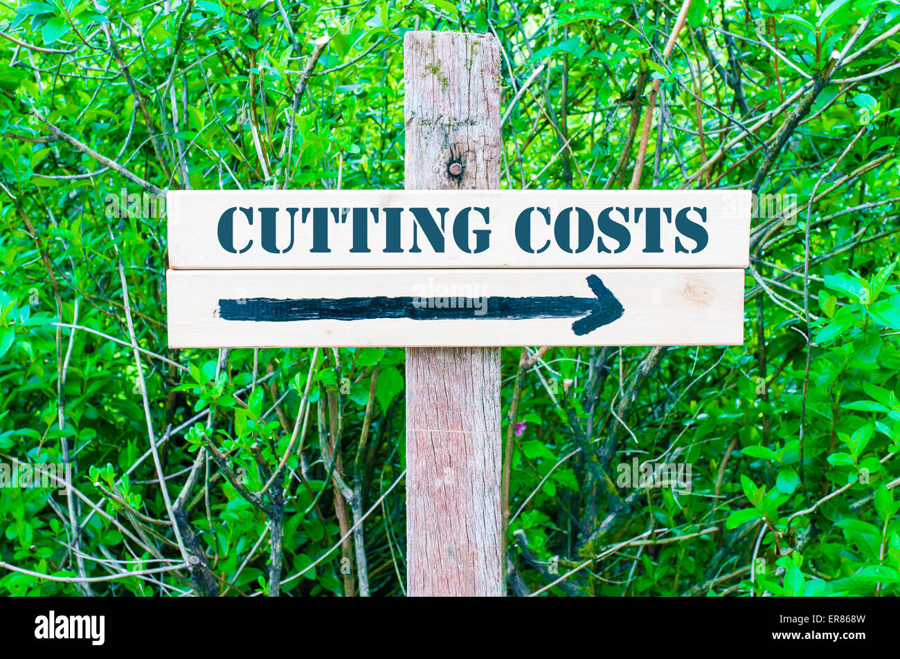 CUTTING COSTS written on Directional wooden sign with arrow pointing to ...