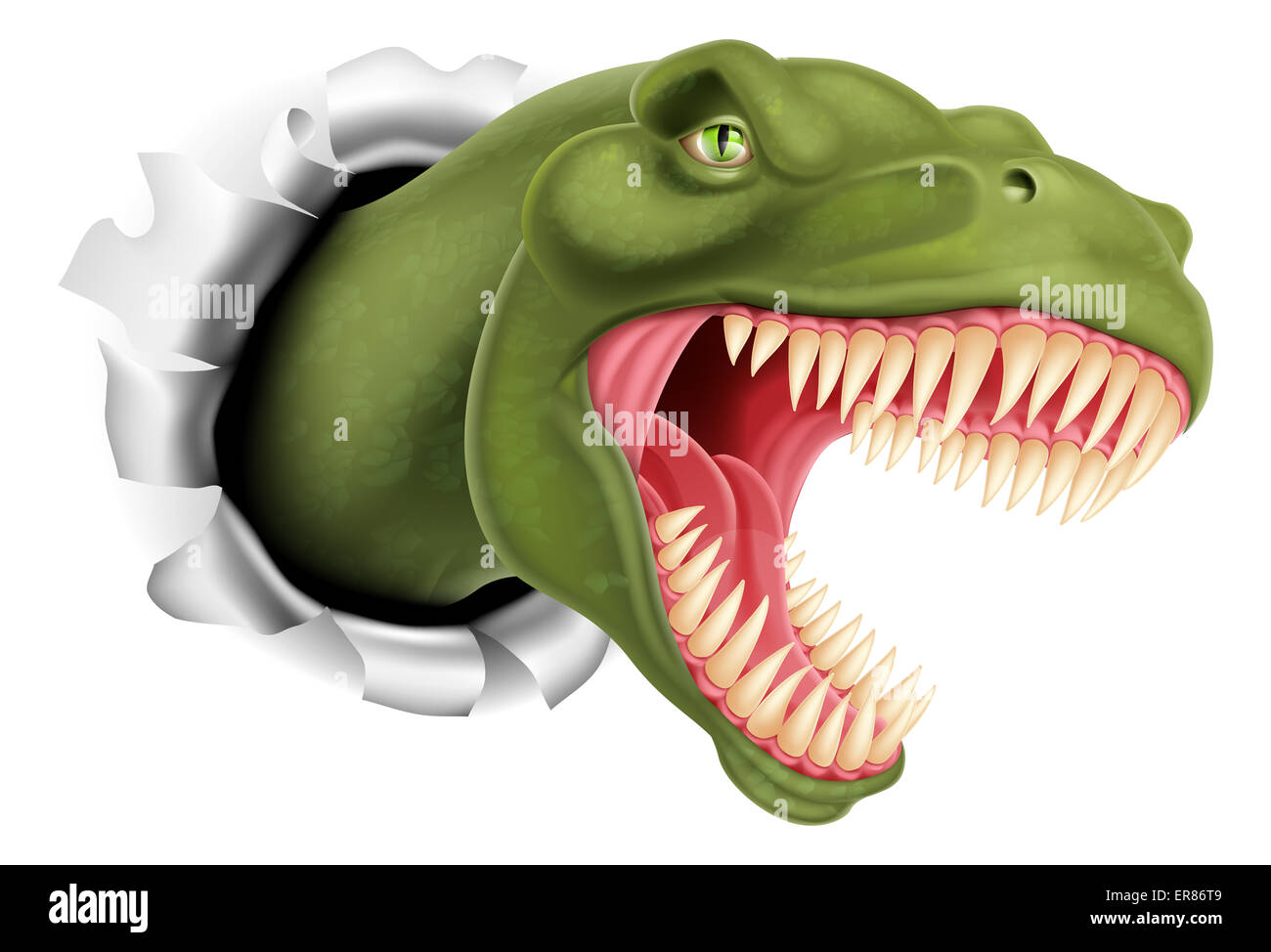 An illustration of a T Rex, Tyrannosaurus Rex dinosaur ripping through a wall Stock Photo - Alamy