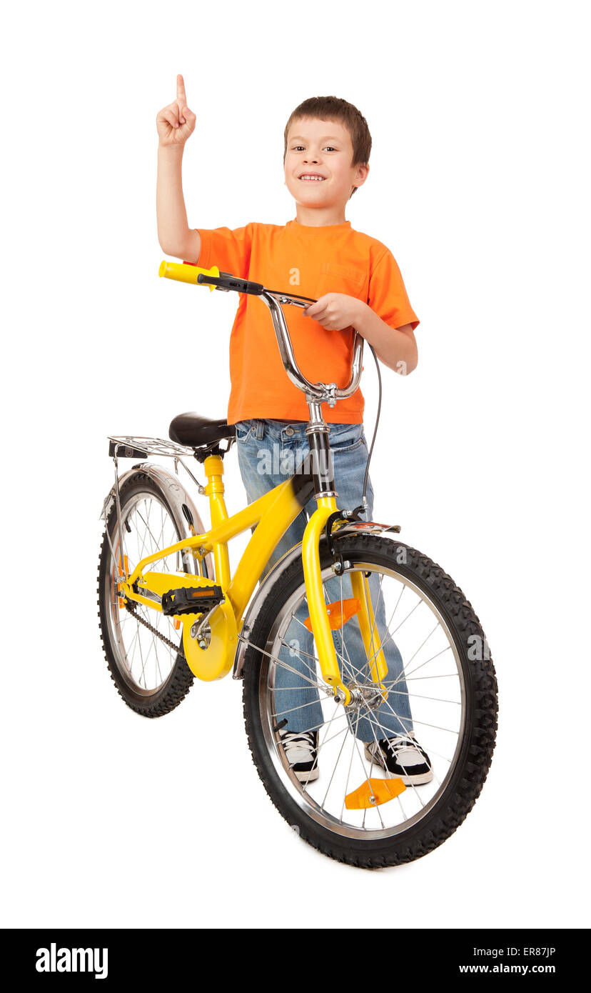 boy on bicycle point at. isolated on white Stock Photo - Alamy