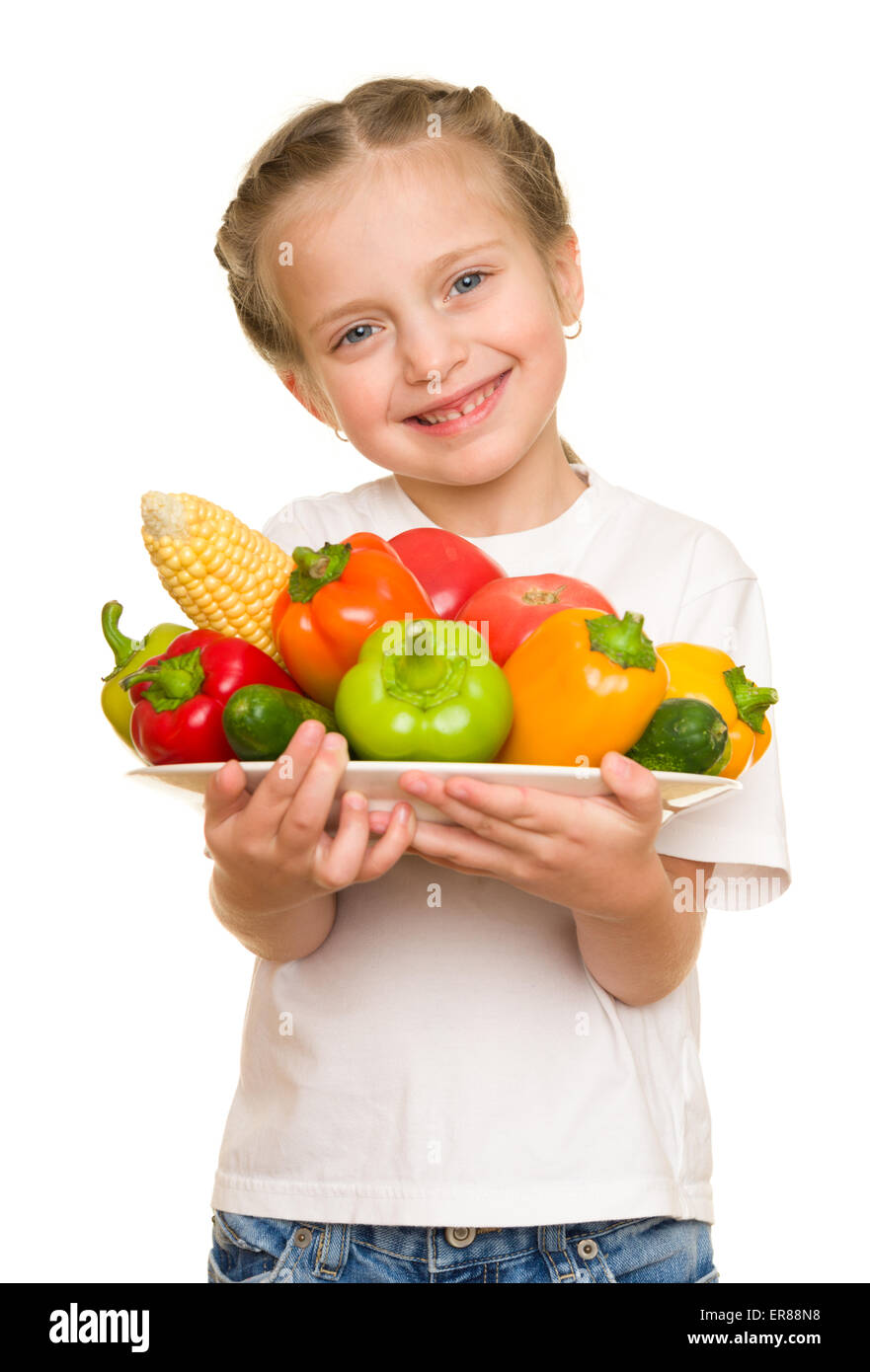 little girl with fruits and vegetables on white Stock Photo - Alamy