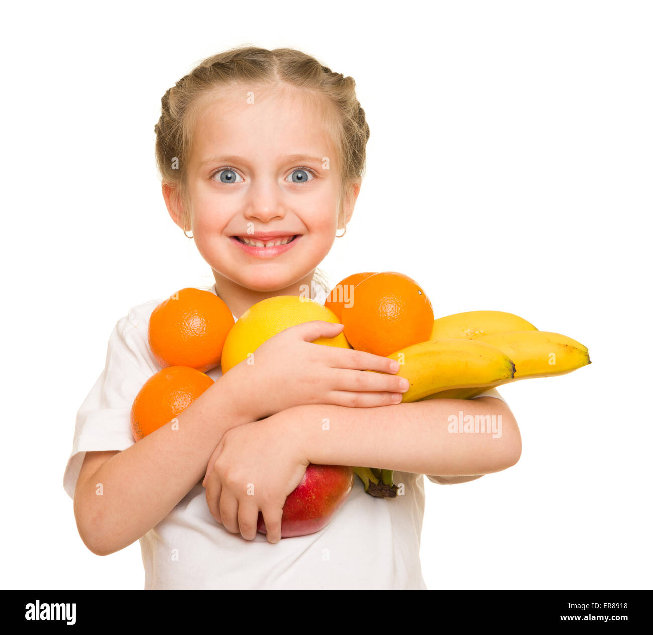 little girl with armful fruits Stock Photo - Alamy