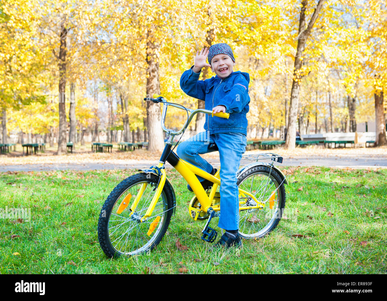 boy rides a bicycle in autumn park Stock Photo - Alamy
