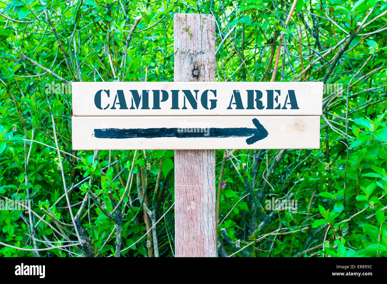 CAMPING AREA written on Directional wooden sign with arrow pointing to ...