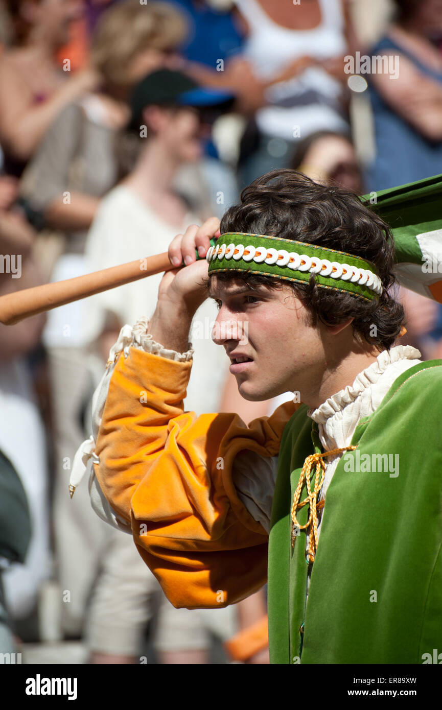 young man in the costume of the Contrada della Selva at Corteo Storico ...