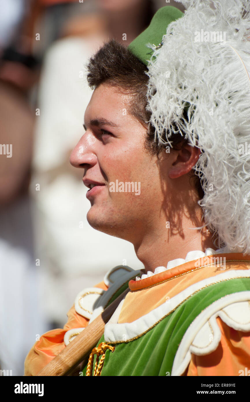 young man in the costume of the Contrada della Selva at Corteo Storico ...